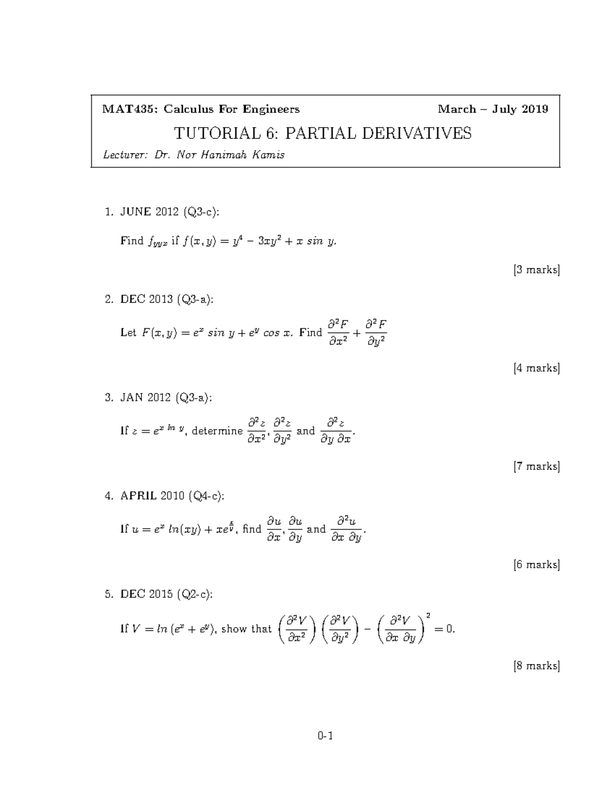 MAT435: Calculus for Engineers - Tutorial 6 on Partial Derivatives ...
