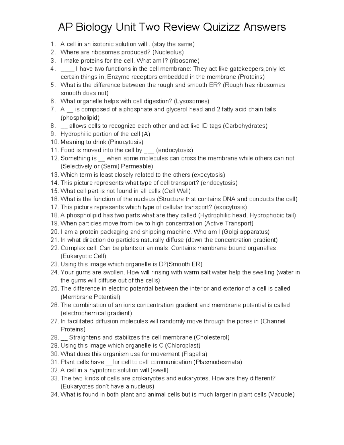 AP Biology Unit 2 Review Quizizz Answers (Final Exam) - Studocu