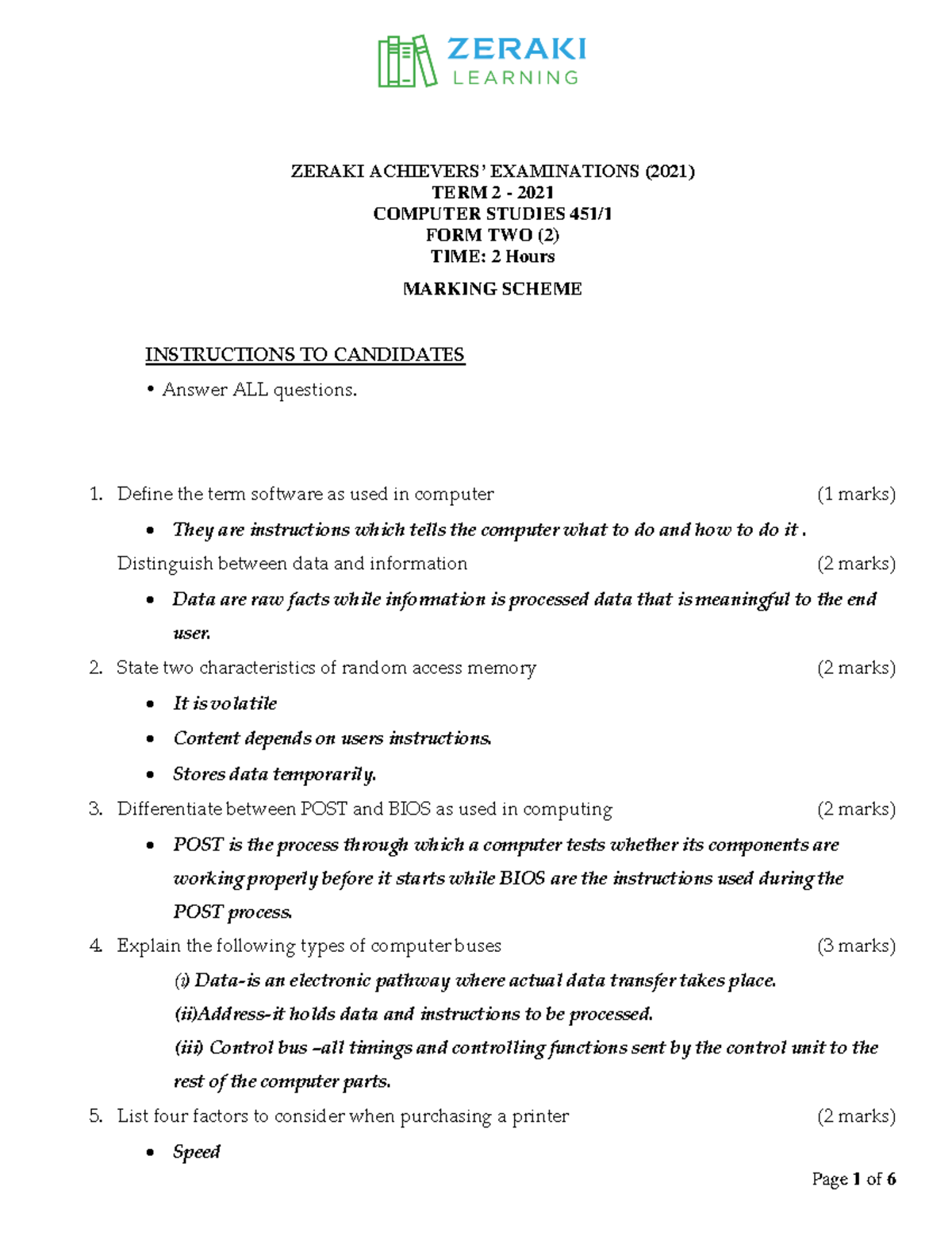 Computer Studies 451/1 Form 2 Term 2 Marking Scheme 2021 - Zeraki - Studocu