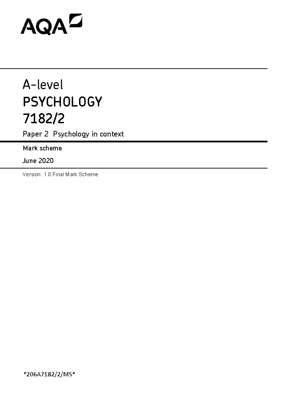 AQA-7182 2-W-MS-Jun20 - A-level PSYCHOLOGY 7182/ Paper 2 Psychology in ...