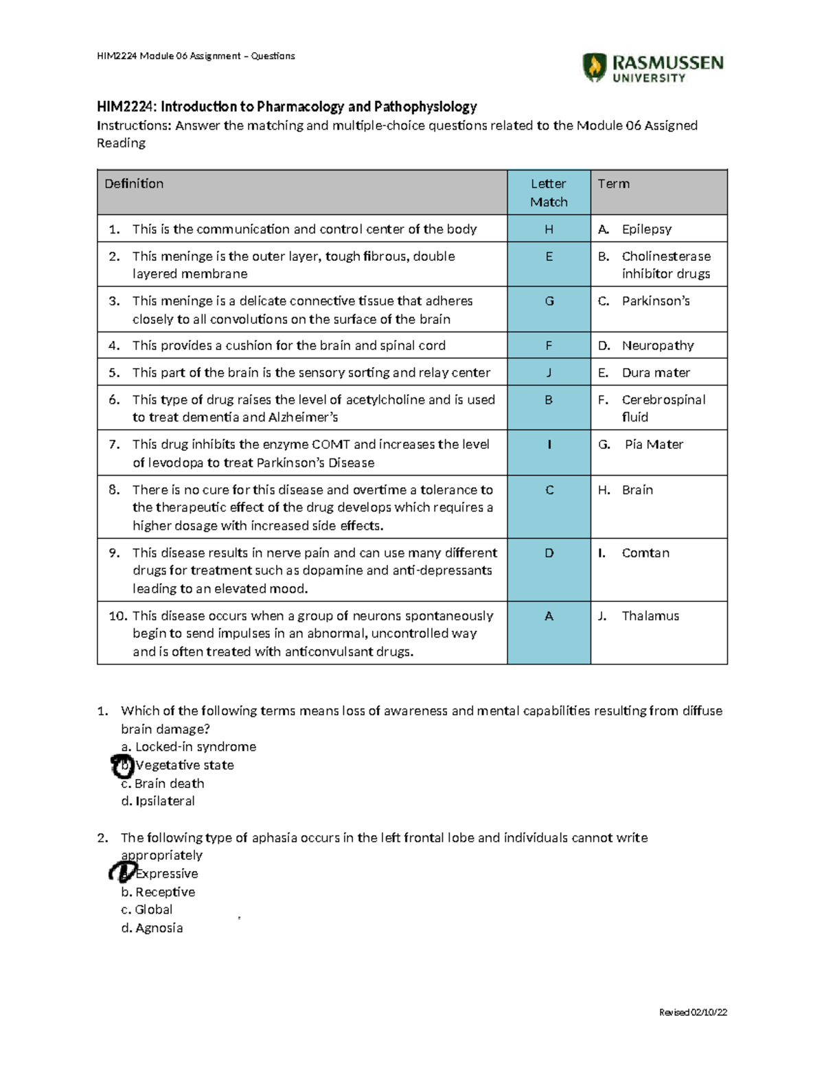 Module 06 Assignment Questions: Intro to Pharmacology & Pathophysiology ...