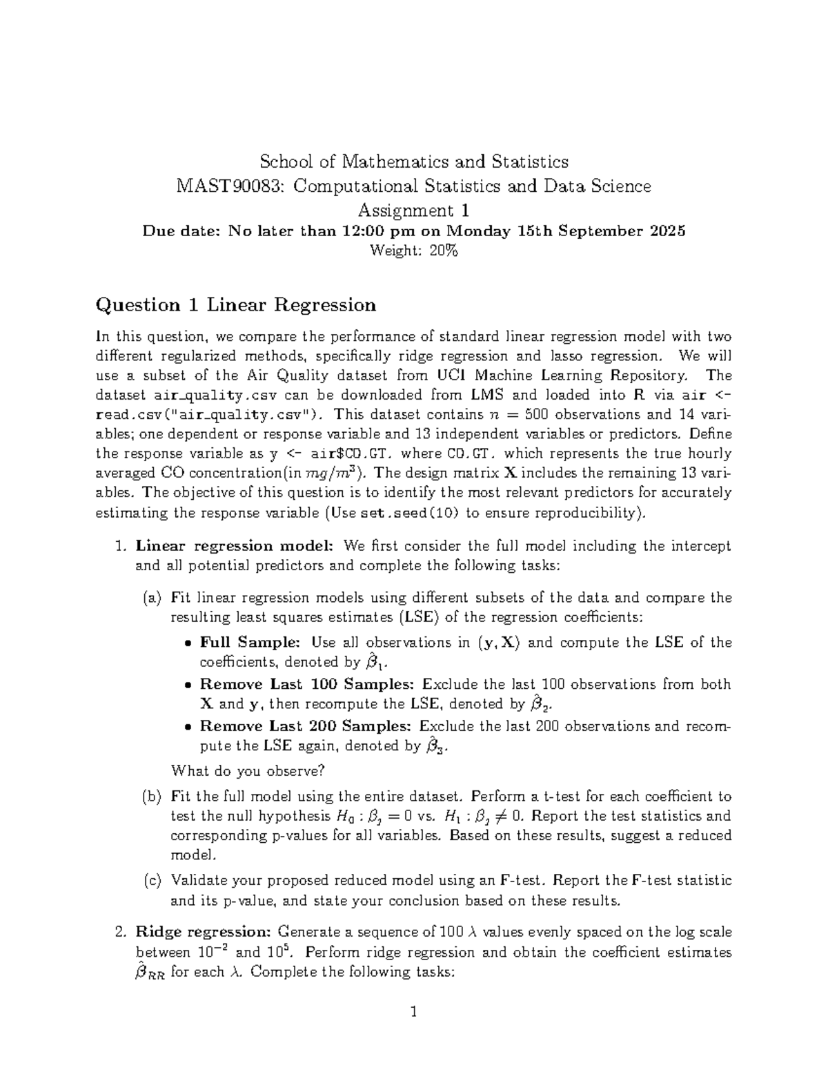 MAST90083: Computational Stats & Data Science Assignment 1 - Studocu