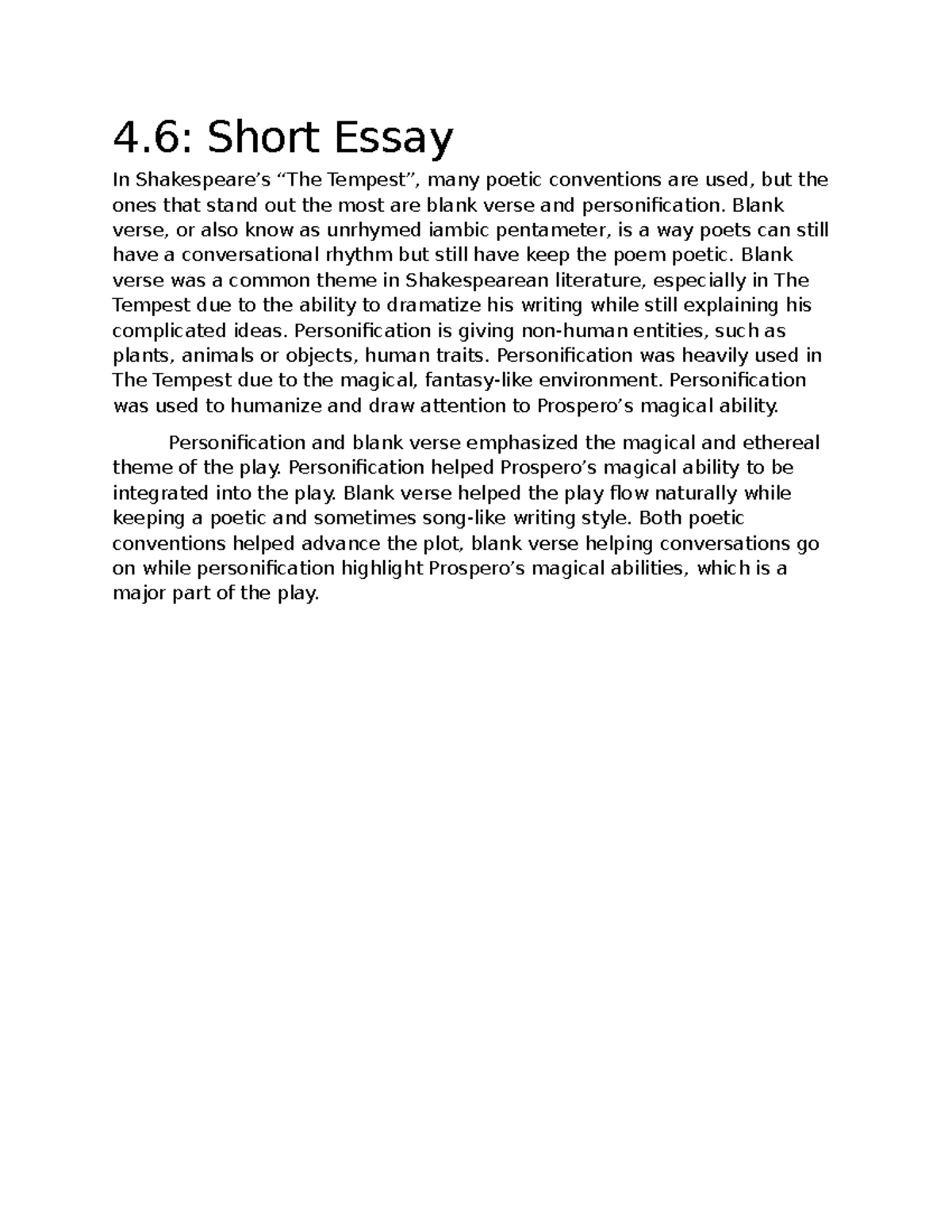 4.6: Essay on Poetic Conventions in Shakespeare's The Tempest - Studocu