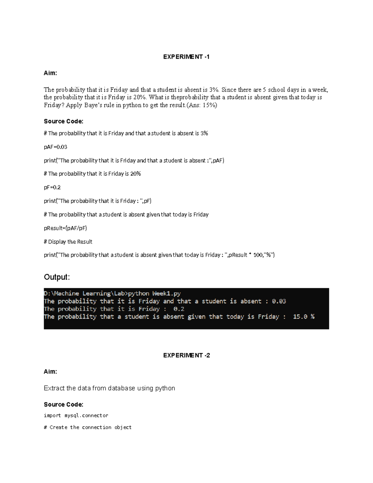 ML Lab - Experiment on Probability and Classification Techniques - Studocu