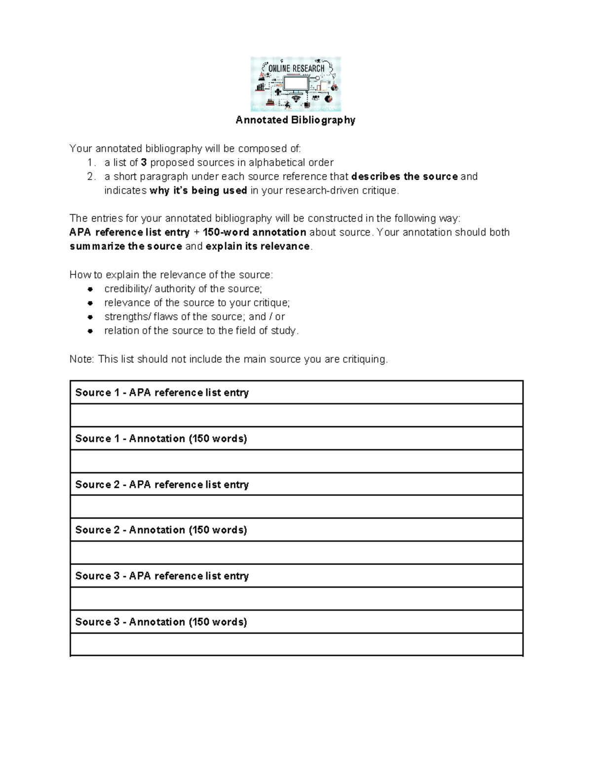 Annotated Bibliography Instructions & Template for Research Critique ...