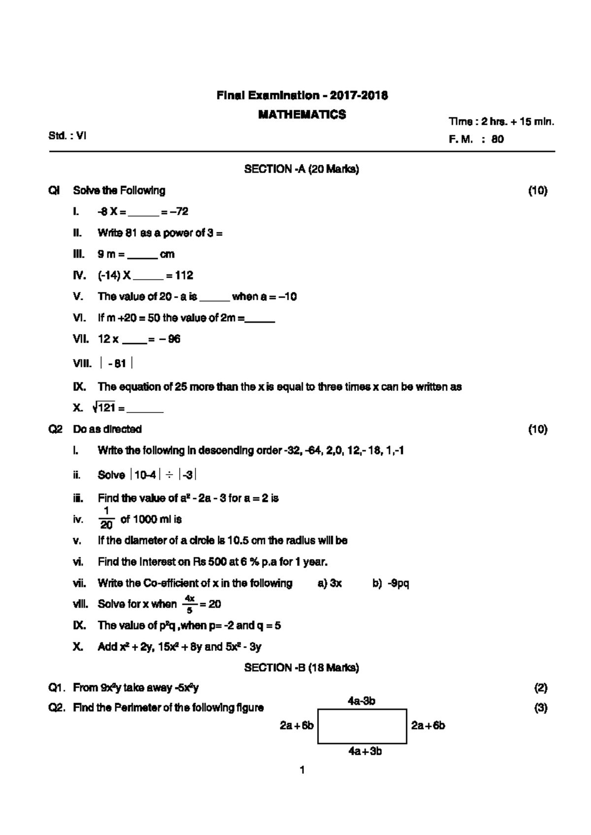Final Exam MATHEMATICS Std VI - ICSE 2018 Paper - Studocu