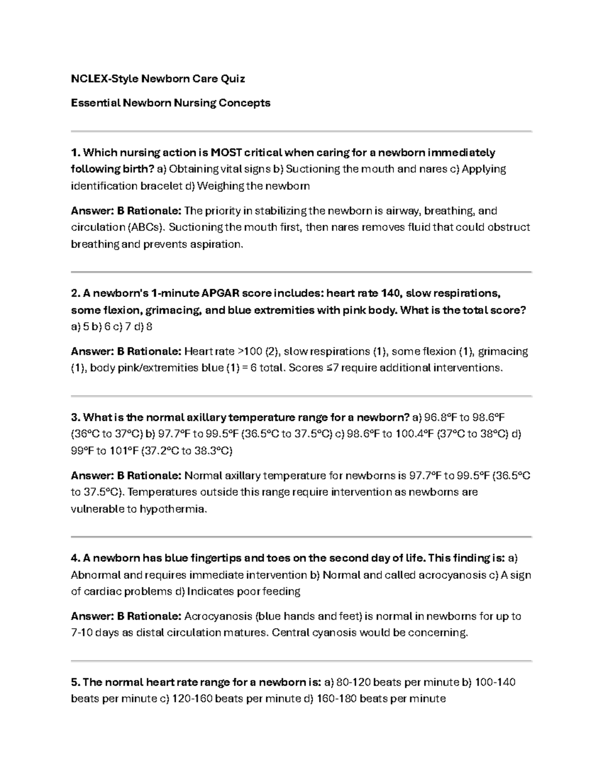 Nursing 101: Newborn Care Quiz & Key Concepts Review - Studocu