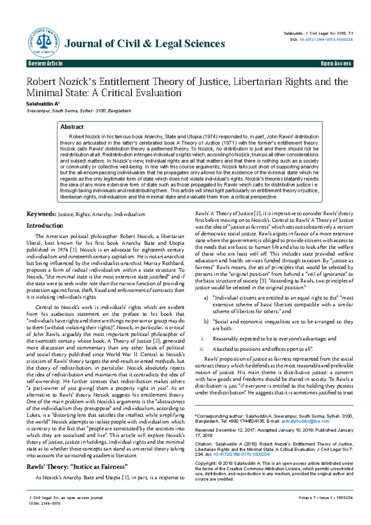 Robert Nozick's Entitlement Theory of Justice: A Critical Review (J ...