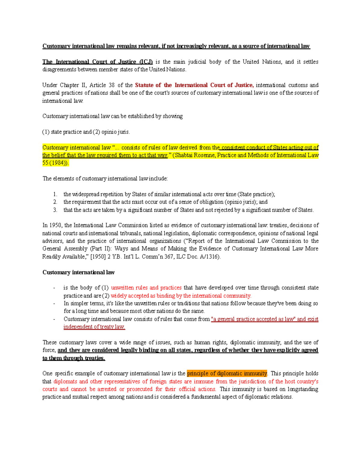 International Law Review: Customary Law and ICJ Cases - Studocu