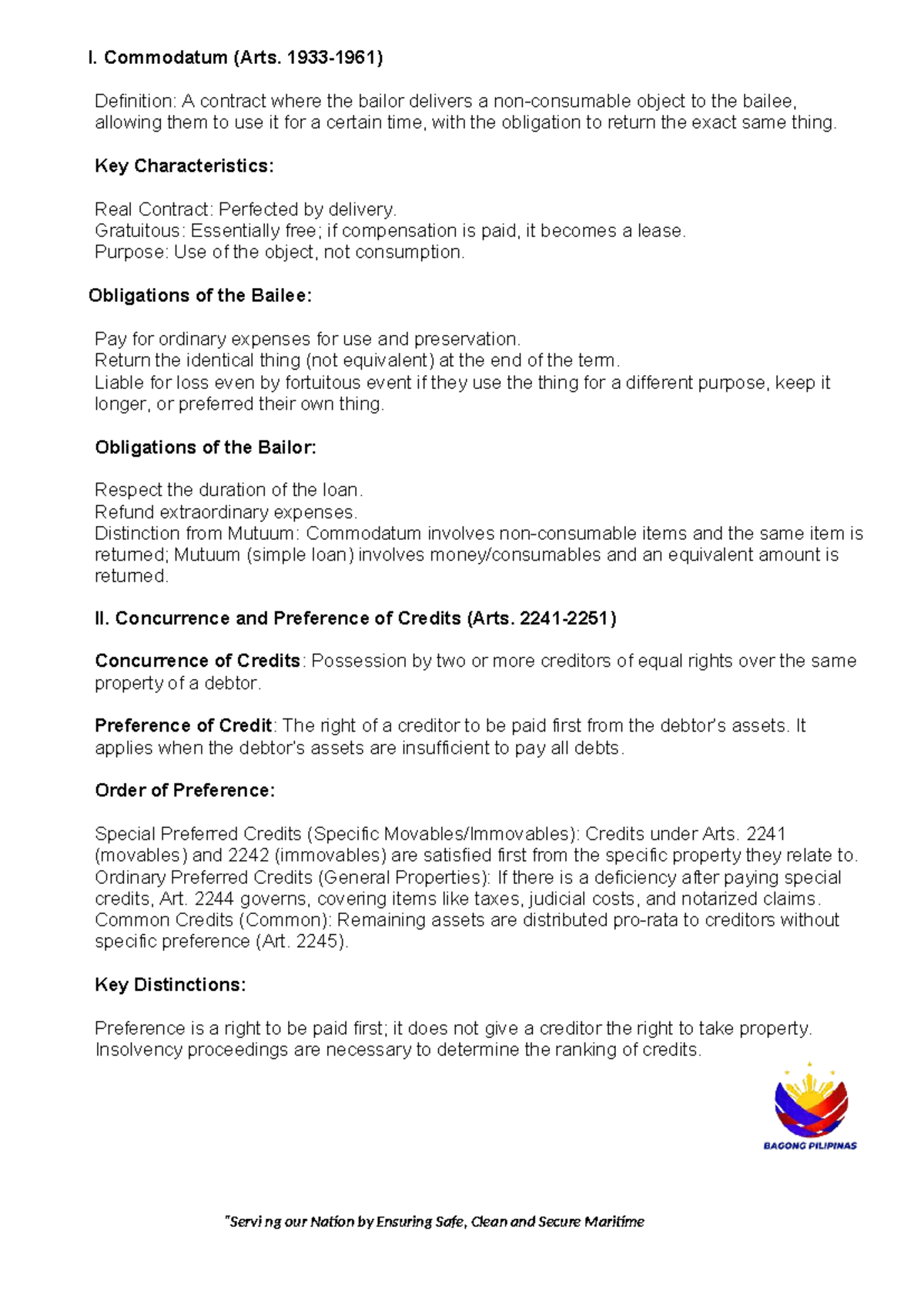 Commercial Law MID - Notes on Commodatum & Credit Preferences - Studocu