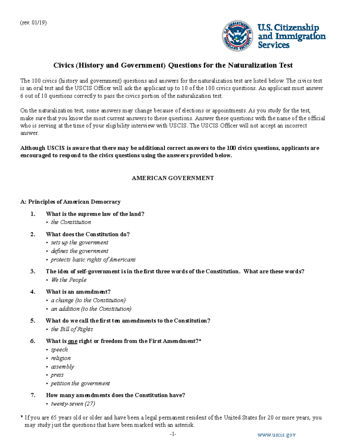 Civics (History & Gov) Questions for U.S. Naturalization Test - Studocu