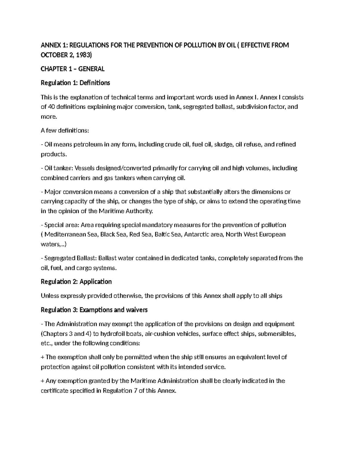 Annex I: Regulations for Oil Pollution Prevention (Effective Oct 2 ...
