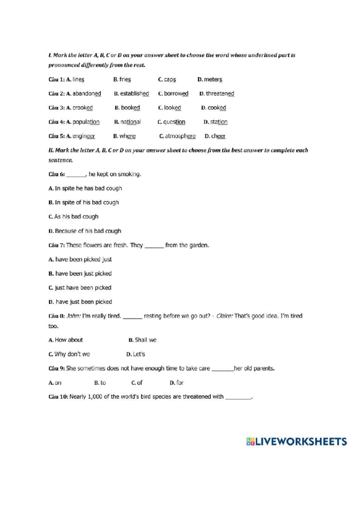 Unit 7 Worksheet: Pronunciation, Grammar, and Reading Comprehension ...