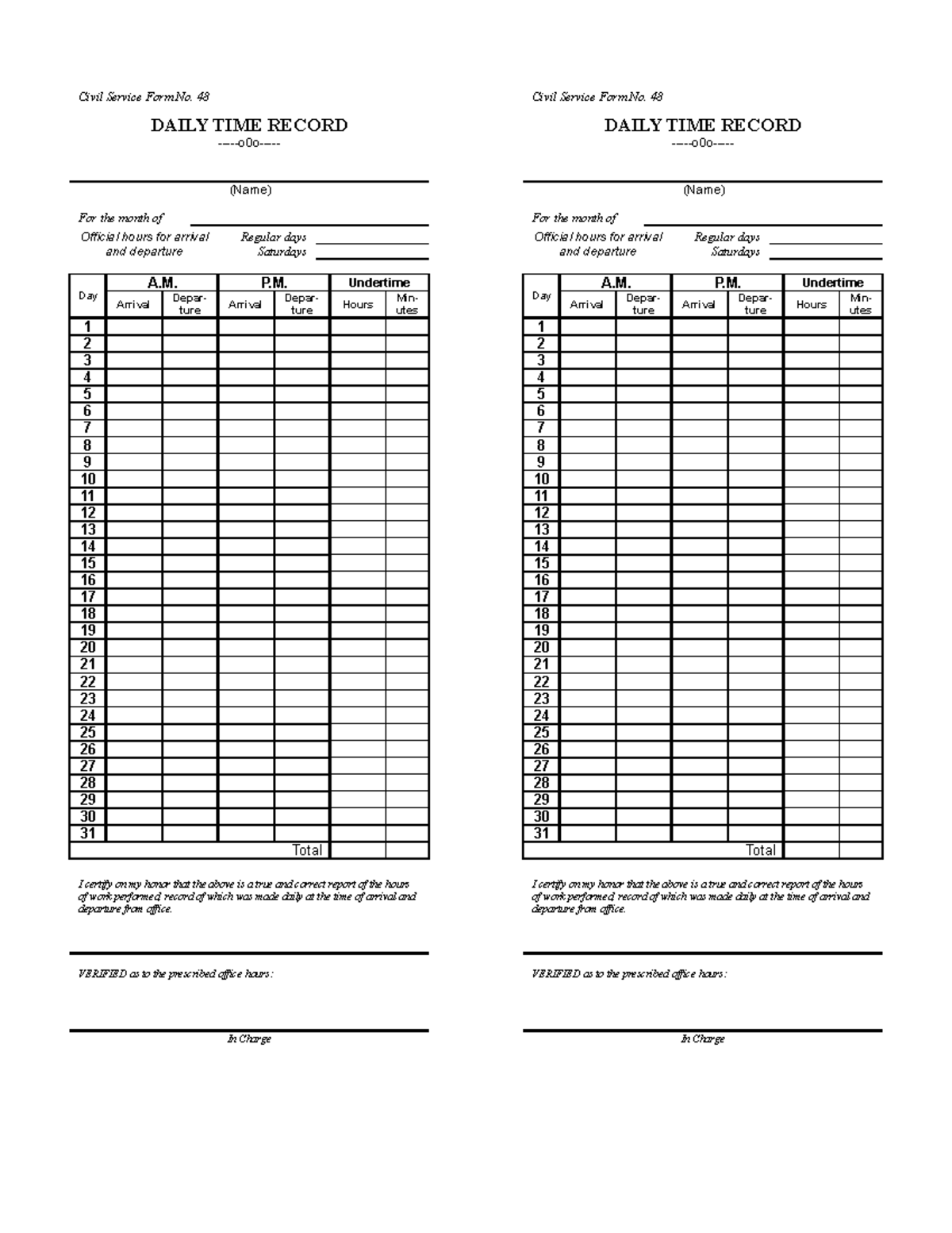 DTR - Use this DTR us a guide - Civil Service Form No. 48 DAILY TIME ...