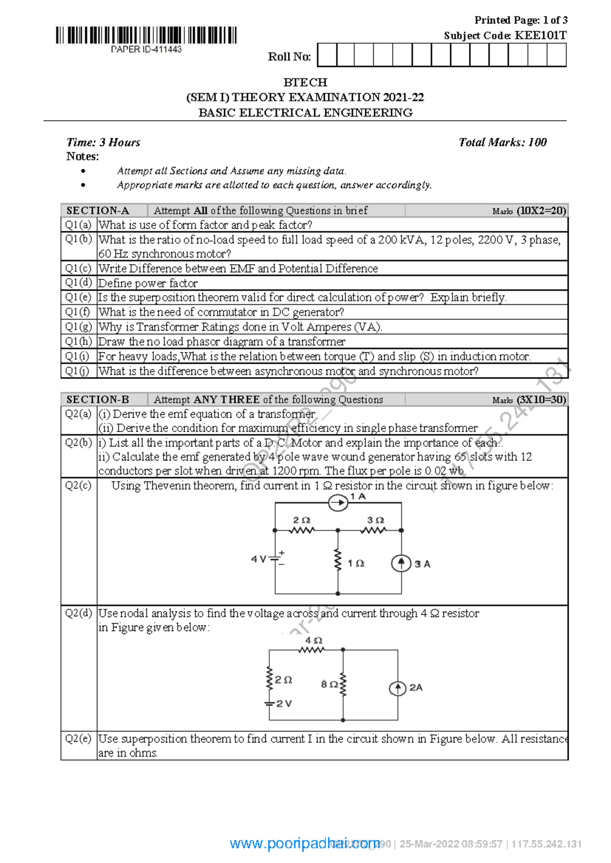 KEE101T BTECH SEM I Theory Exam: Basic Electrical Engineering Guide ...