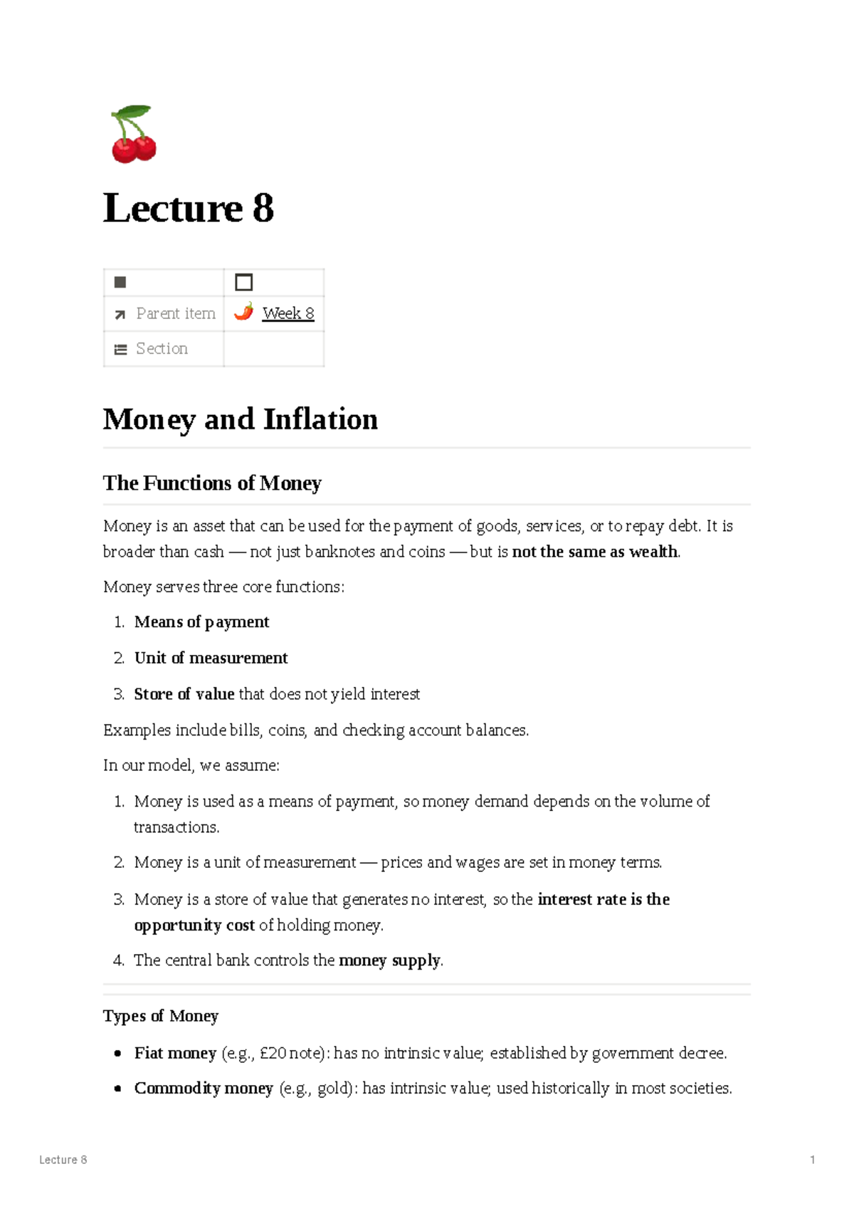 Lecture 8: Money and Inflation - Functions, Demand, and Effects - Studocu