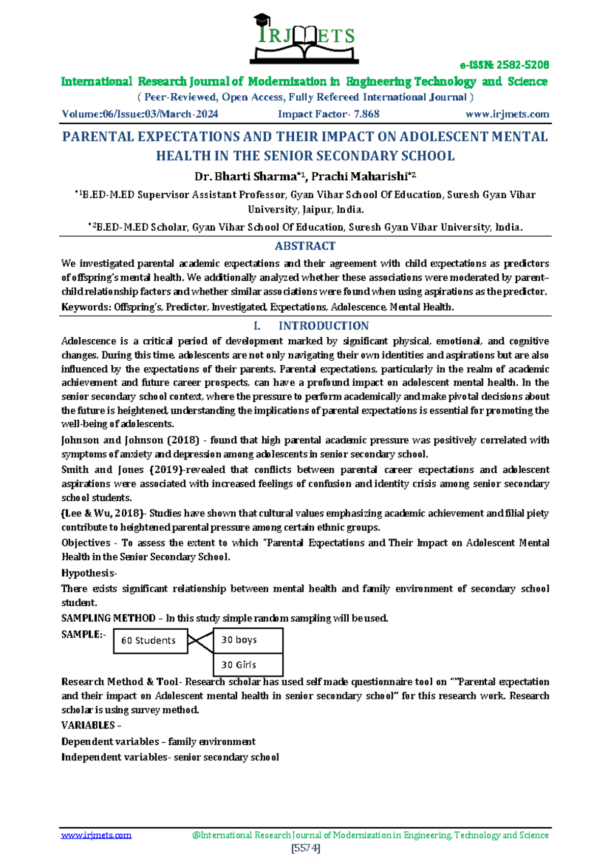 Parental Expectations & Adolescent Mental Health: Study IRJMETS ...