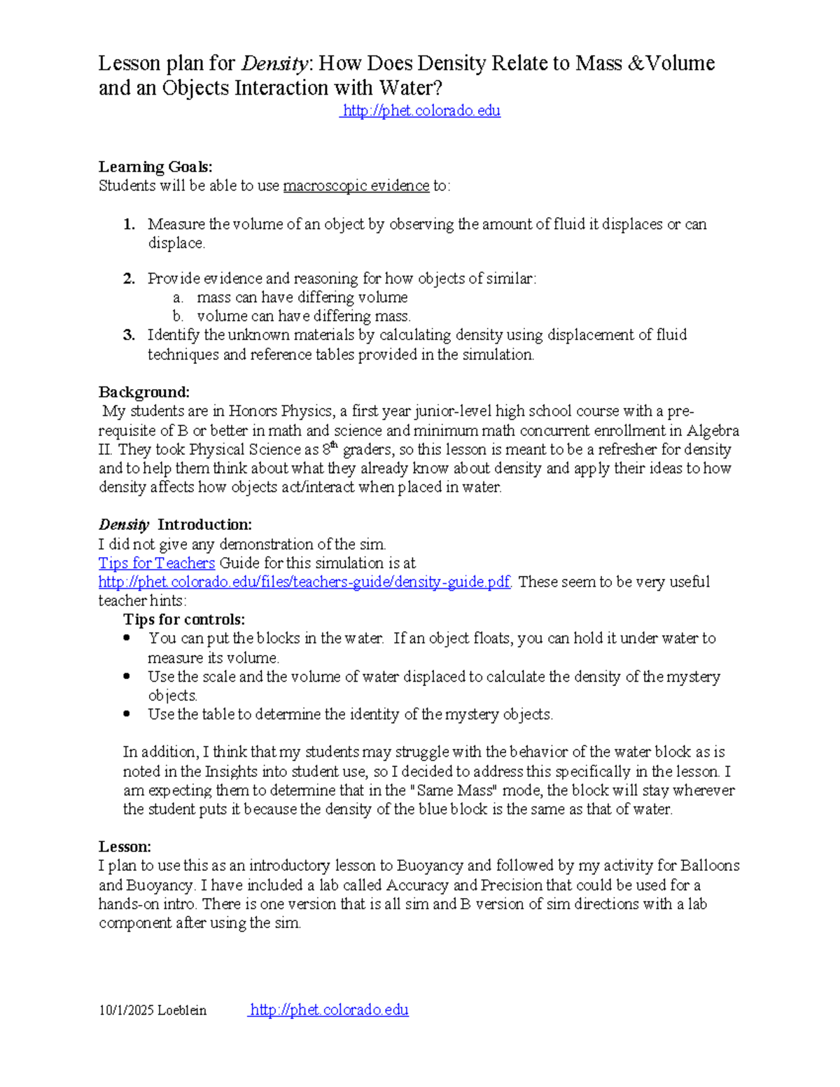 Density Lesson Plan: Exploring Mass, Volume, and Buoyancy in Honors ...