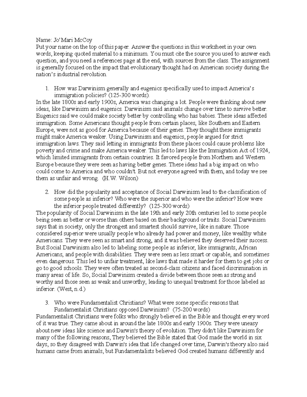 HIS-144-RS-Darwinism's Impact on American Society Worksheet - Studocu
