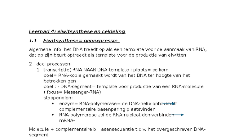 Leerpad 4: Eiwitsynthese en Celdeling - Genexpressie en Mutaties - Studocu
