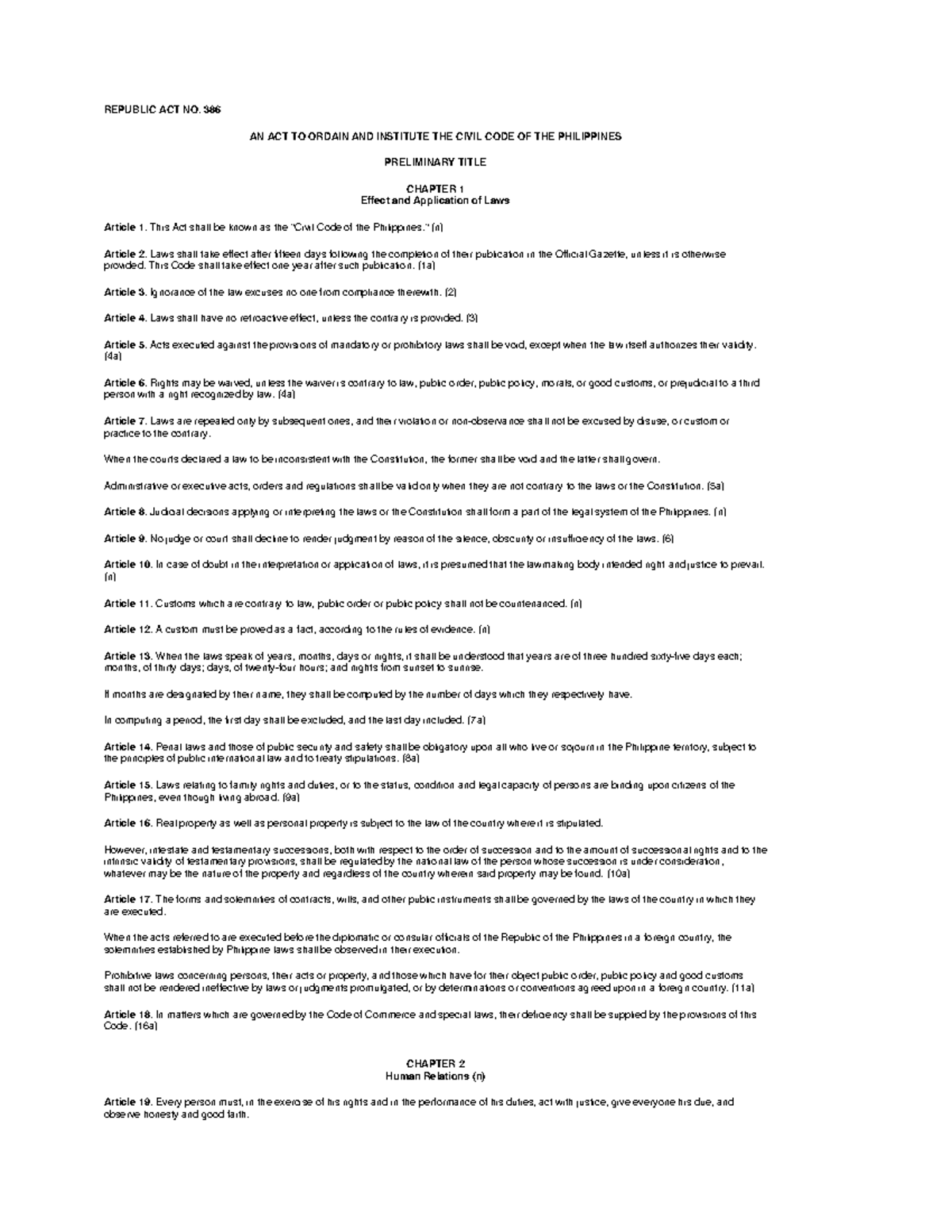 Republic Act No. 386: The Civil Code of the Philippines - Preliminary ...