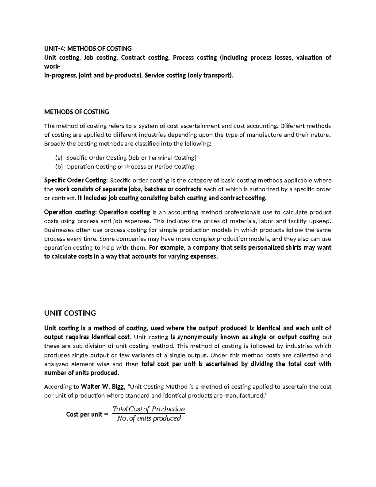 UNIT IV - Cost Accounting: Methods of Costing Explained - Studocu