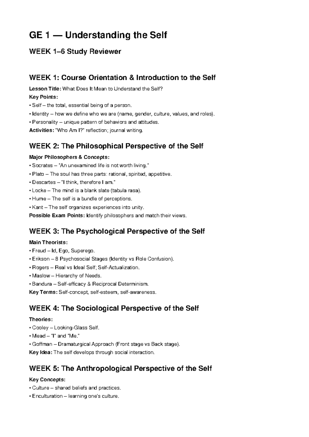 GE 1 Understanding the Self Week 1-6 Study Reviewer - Studocu