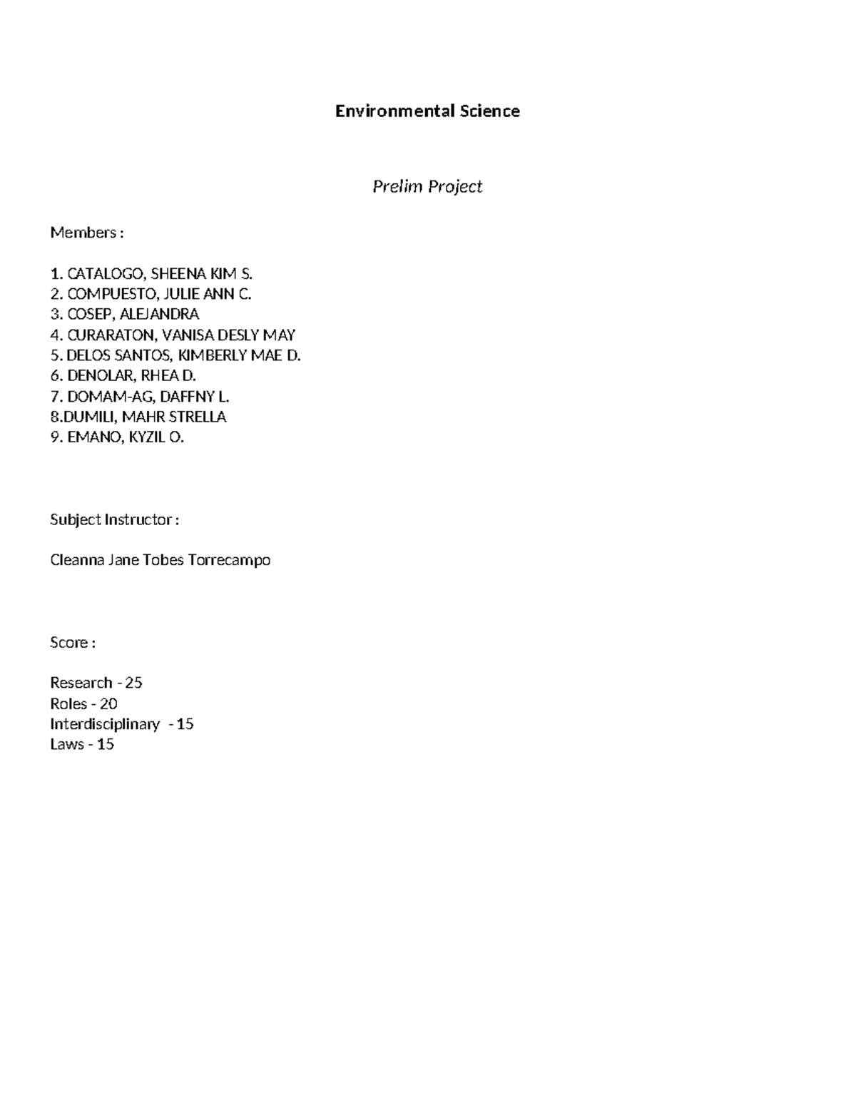 Environmental Science Prelim Project: Group Insights and Research - Studocu