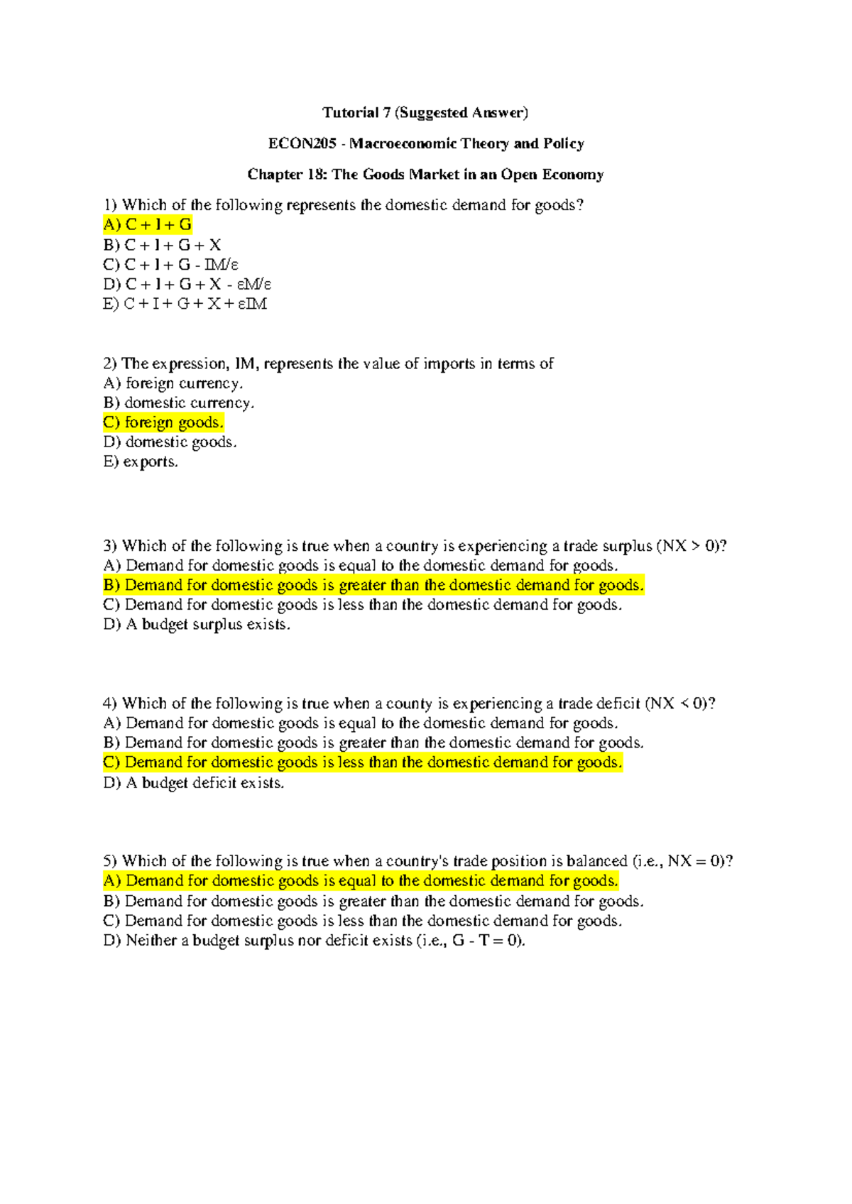 ECON205 - Macroeconomic Theory Tutorial 7 Suggested Answers - Studocu
