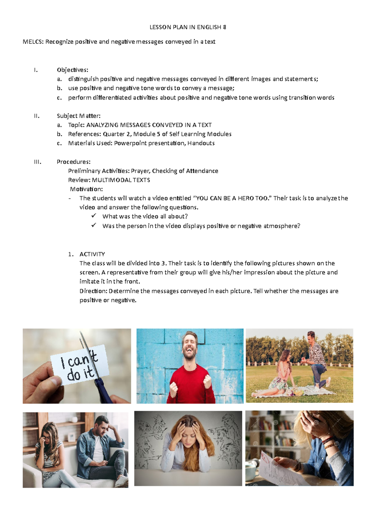 Lesson Plan on Analyzing Positive & Negative Messages for Eng 8 - Studocu