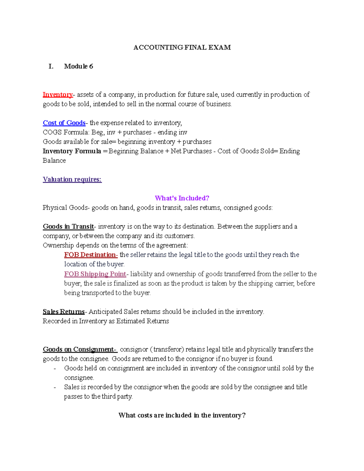 Accounting Final Exam Review: Inventory Valuation and Cost Methods ...