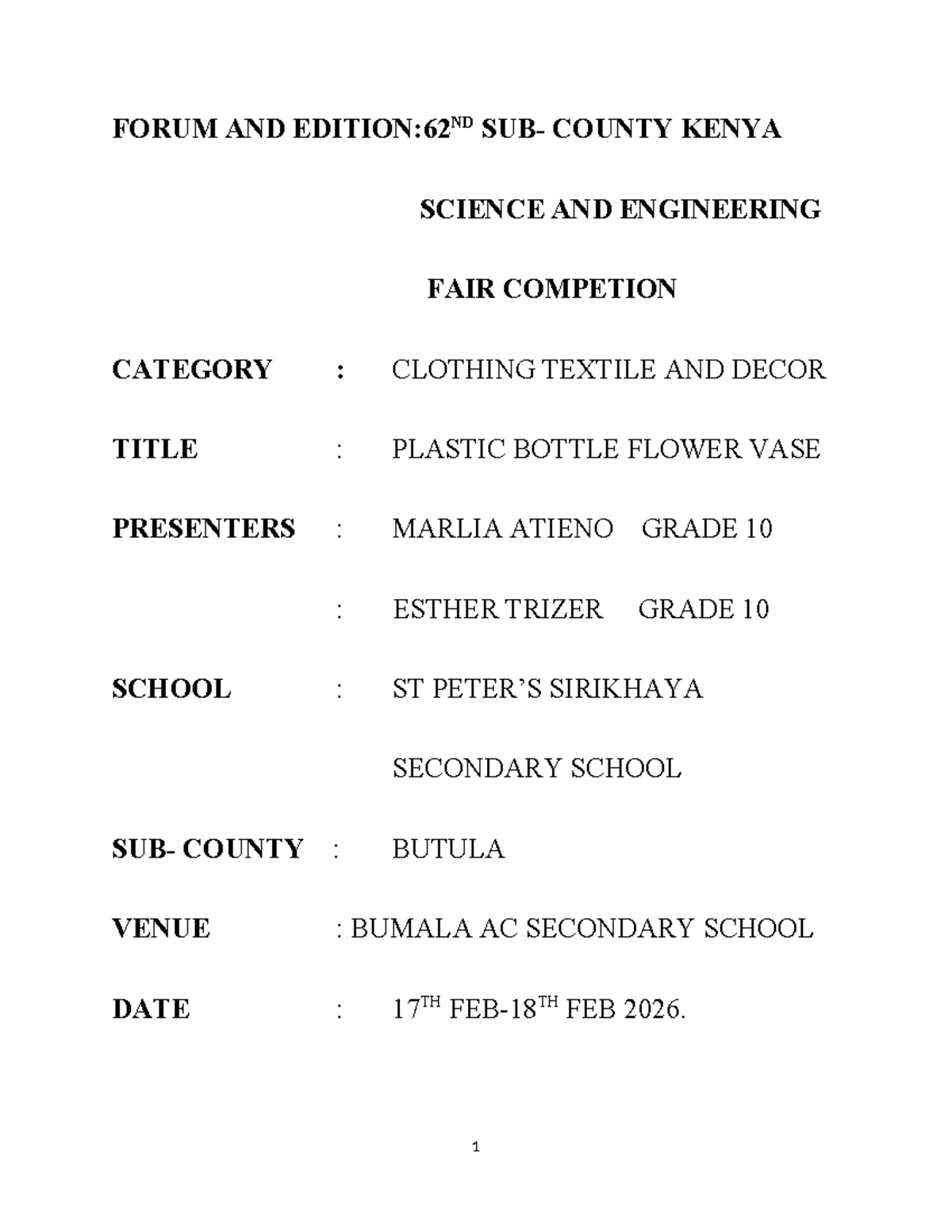 62ND COUNTY KENYA SCIENCE FAIR: Recycled Plastic Bottle Flower Vase ...
