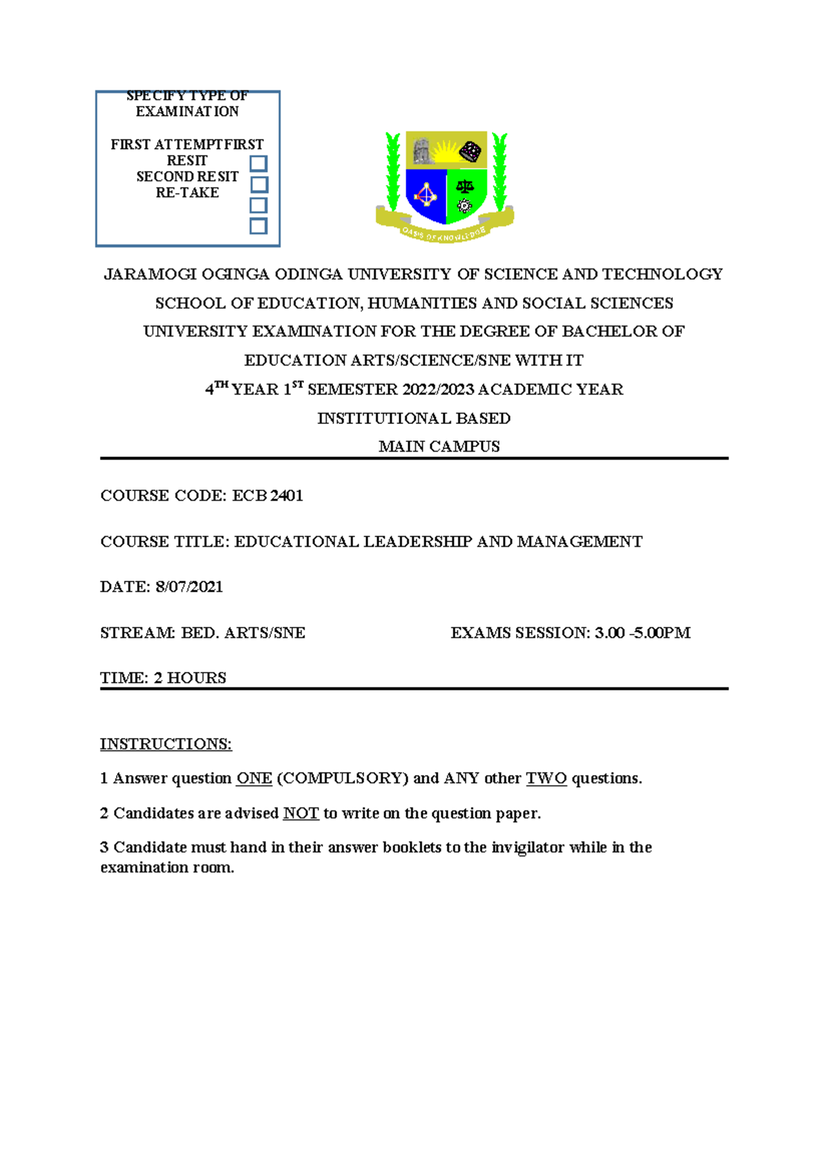 ECB 2401 - Educational Leadership & Management Exam Guidelines - Studocu