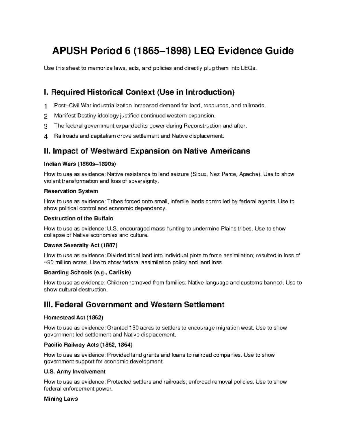 APUSH Period 6 LEQ Evidence Guide: Key Laws and Policies - Studocu