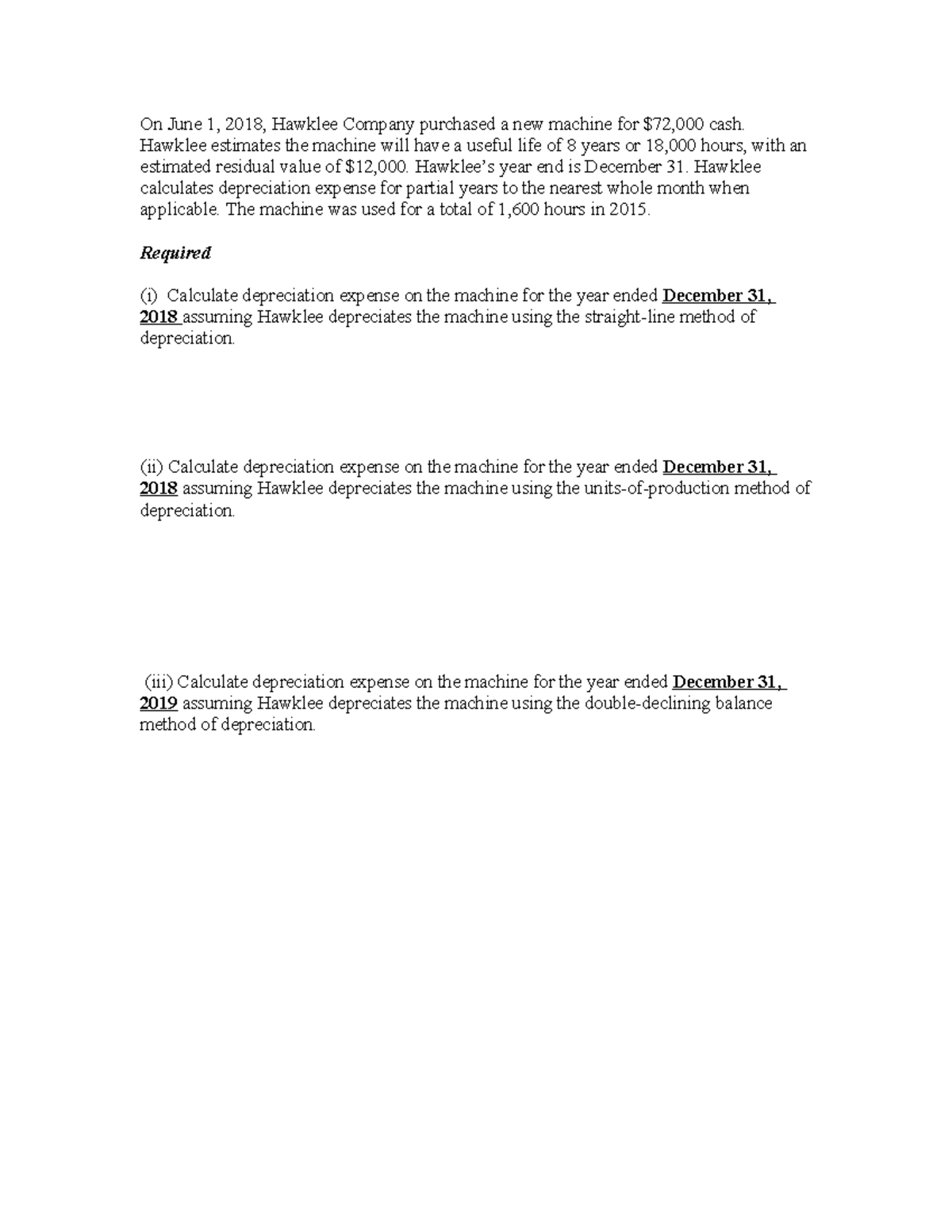 Hawklee Company Depreciation Calculation (HERHR) - Studocu