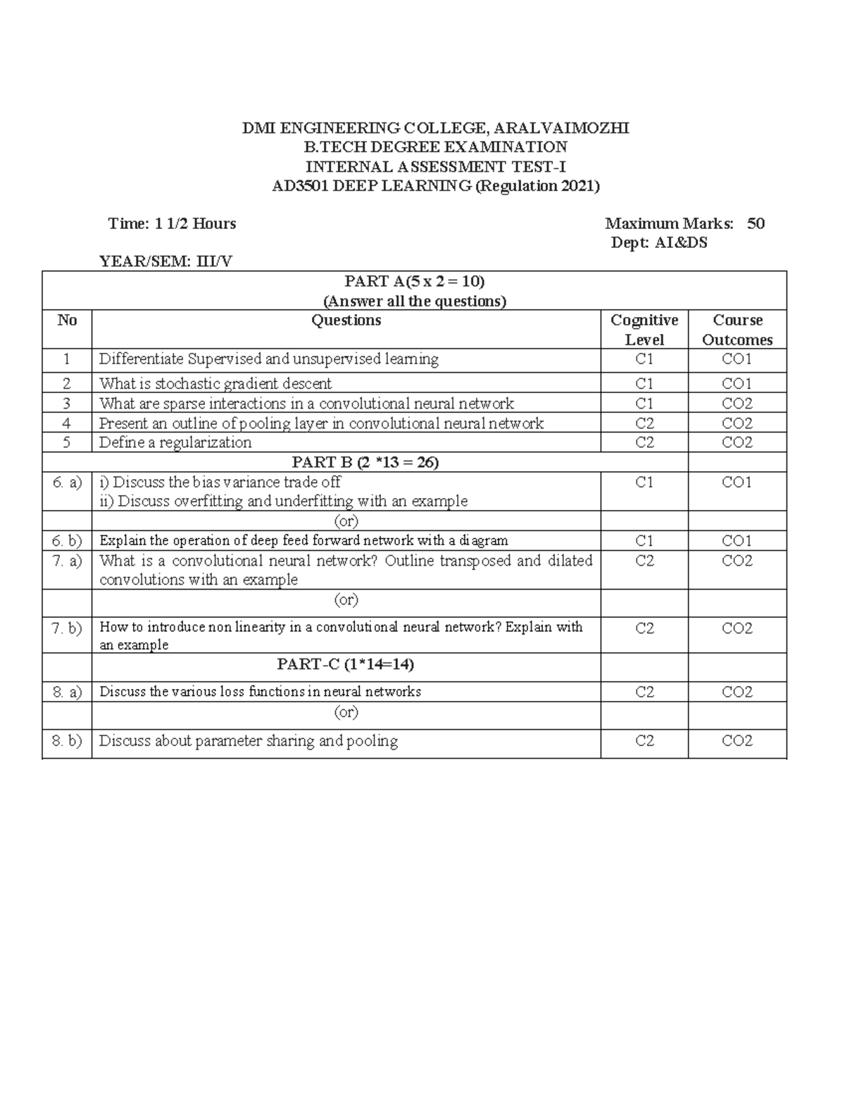 AD3501 Deep Learning Internal Assessment Test 1 - Set 1 - Studocu