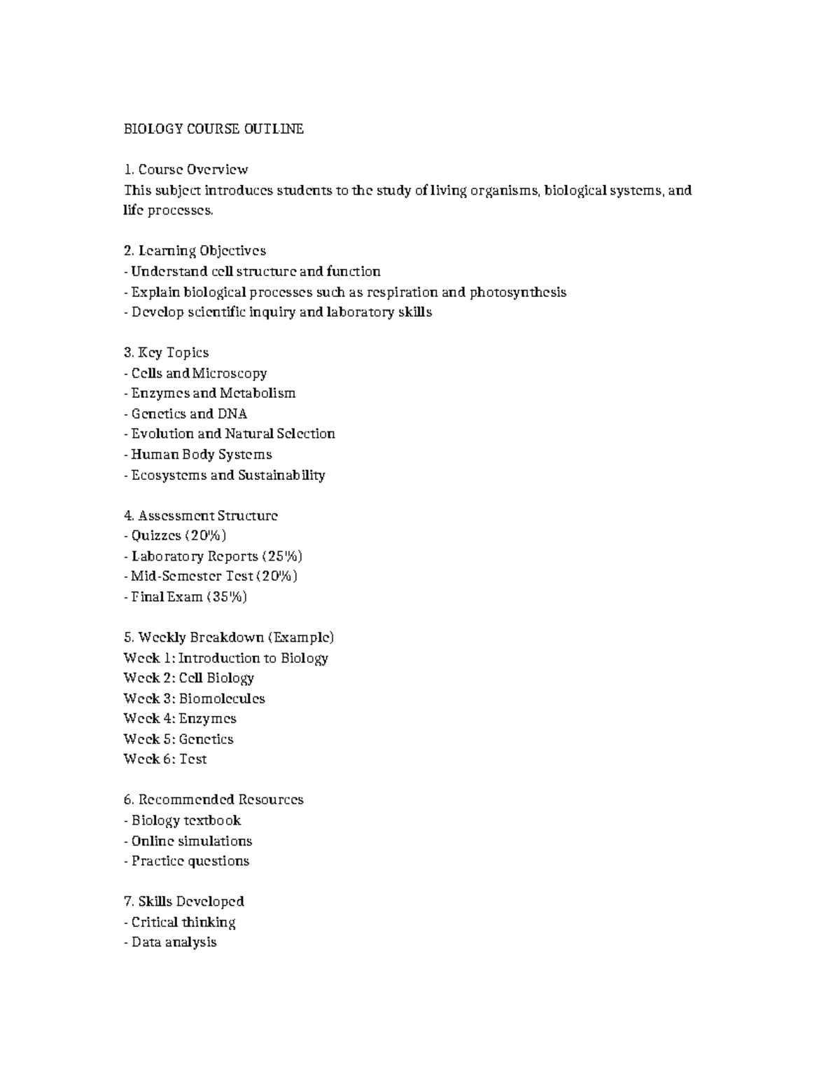 BIO 101: Biology Course Outline and Learning Objectives - Studocu