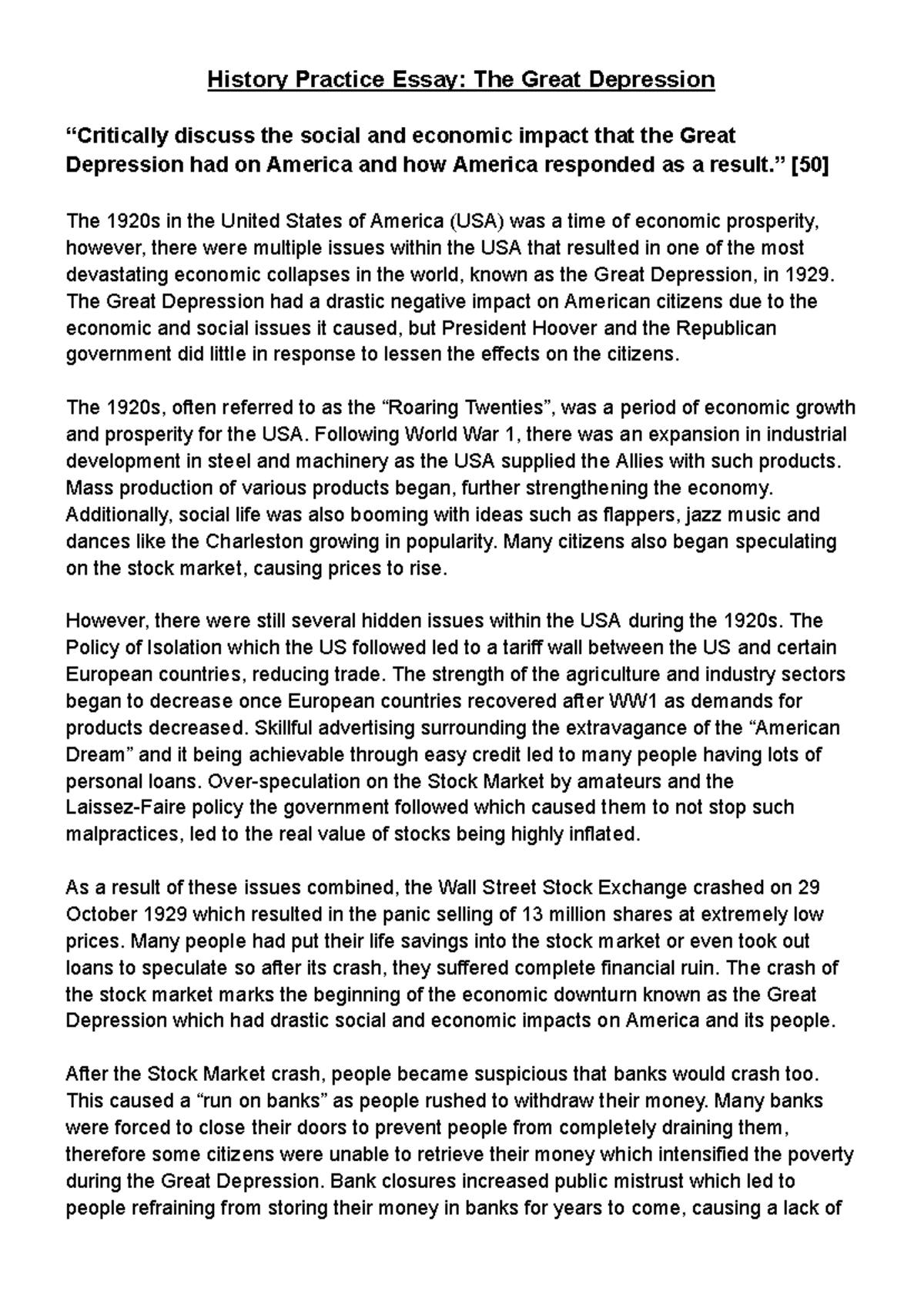 History 101: The Great Depression - Social & Economic Impacts Essay - Studocu