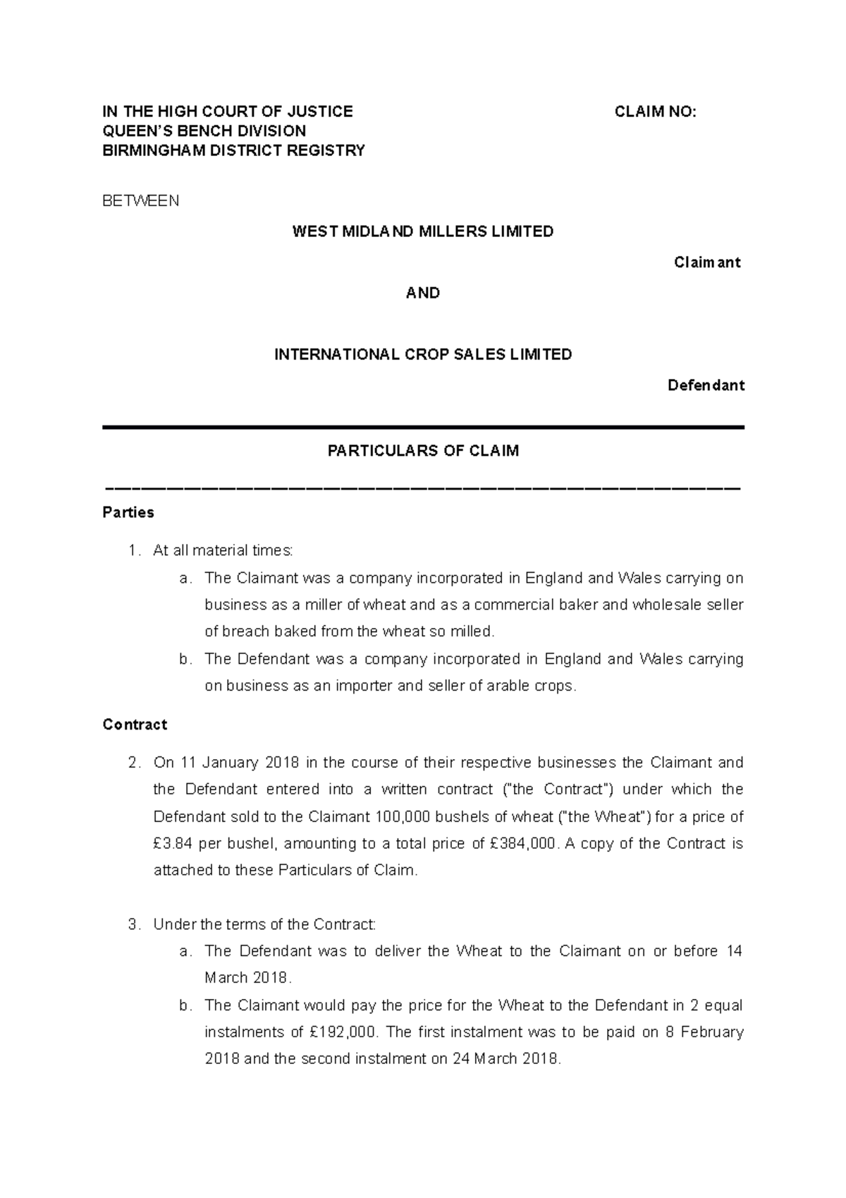 Particulars of Claim for Misrepresentation in Contract - Case Example ...