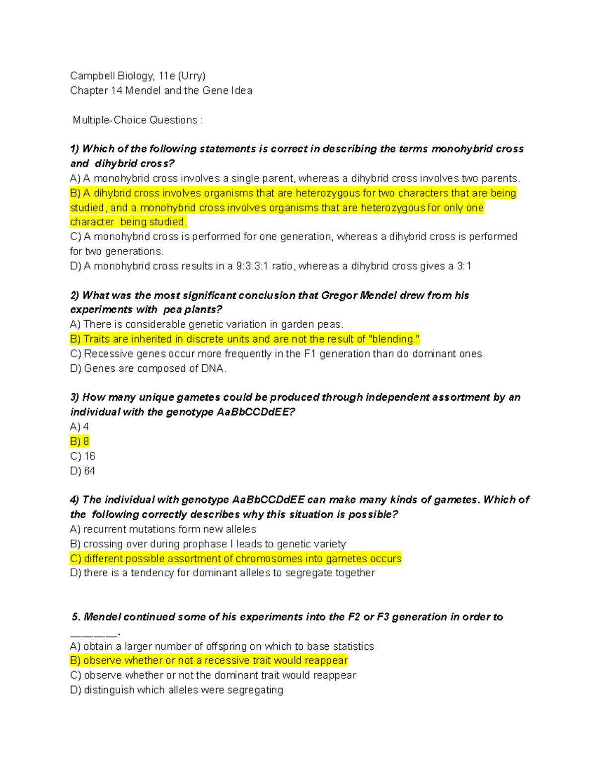 Chapter 14 Mendel and the Gene Idea TEST Student - Campbell Biology ...