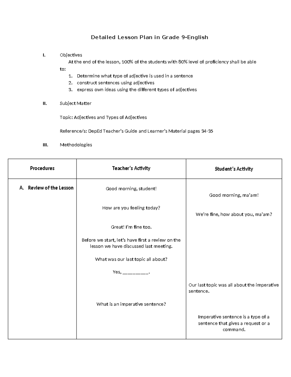 Final Detailed Lesson Plan on Adjectives - Grade 9 English - Studocu