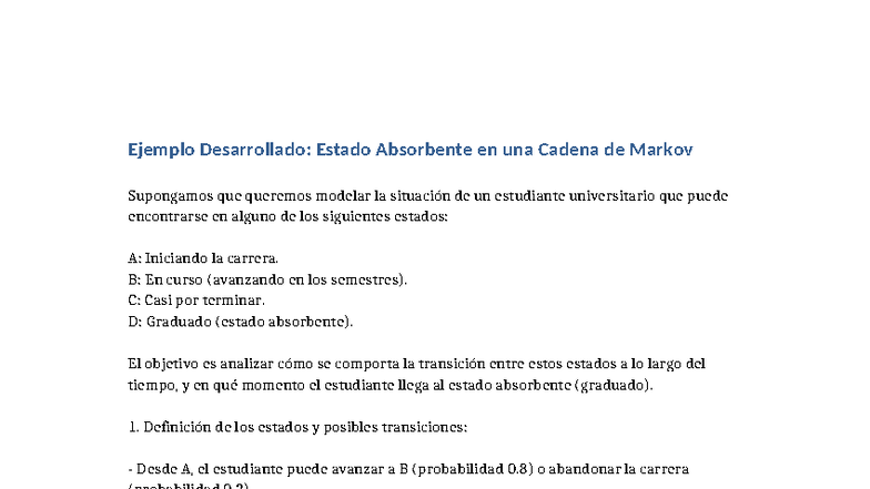 Ejemplo Desarrollado: Estado Absorbente en Cadena de Markov - Studocu