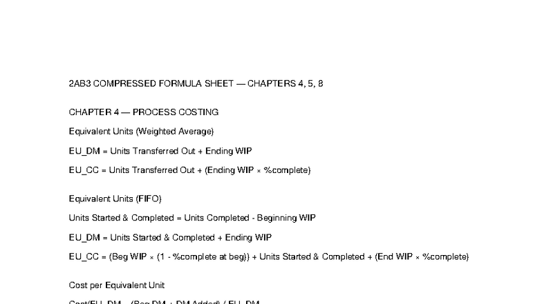 2AB3 Compressed Formula Sheet: Chapters 4, 5, 8 Overview - Studocu