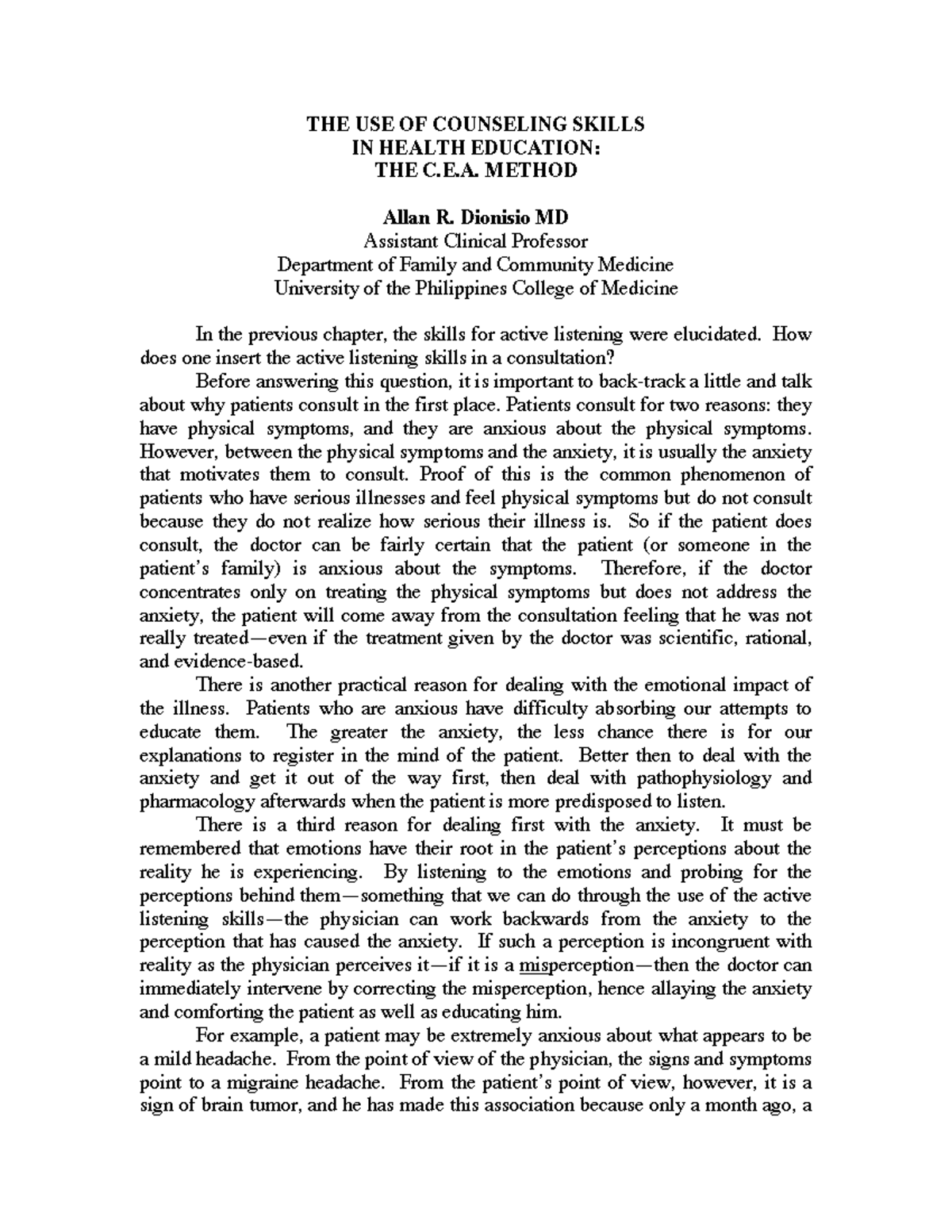 The Use of Counseling Skills in Health Education: C.E.A. Method ...