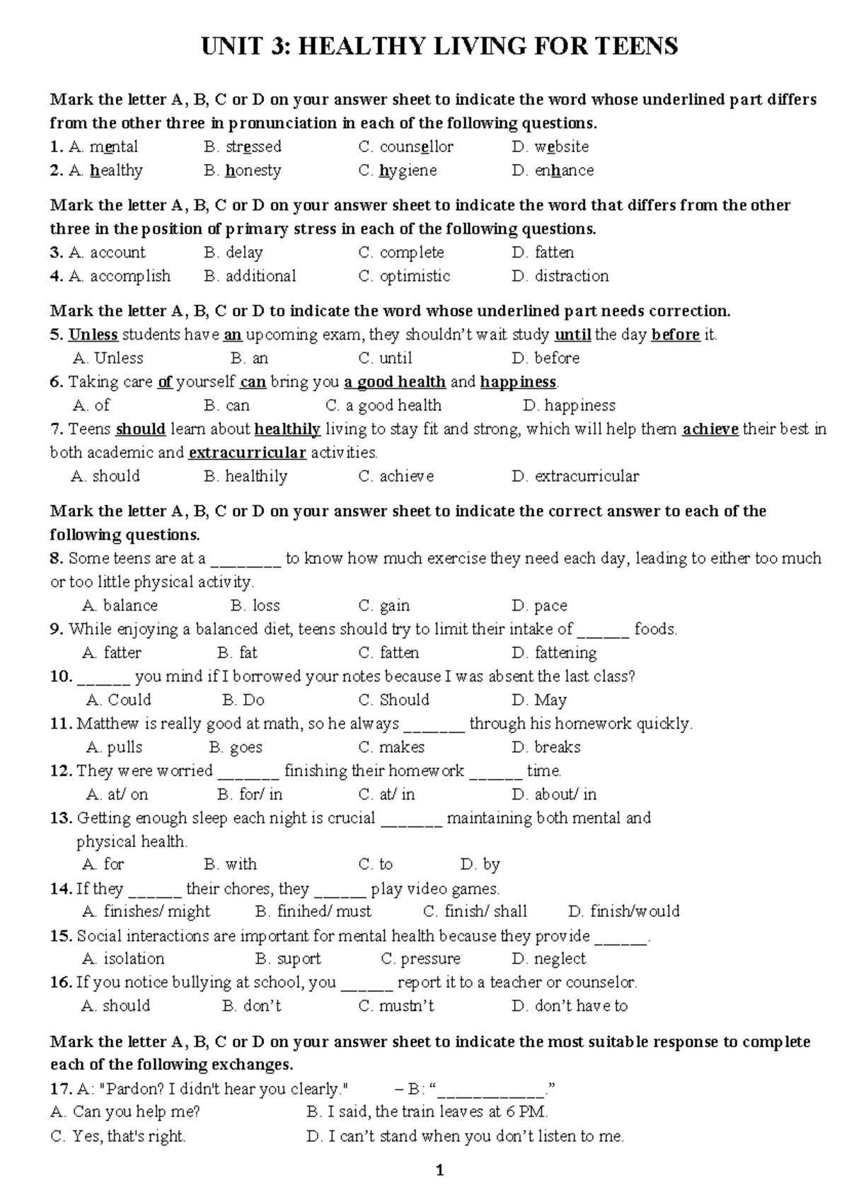 UNIT 3: HEALTHY LIVING FOR TEENS - Vocabulary & Exam Prep - Studocu
