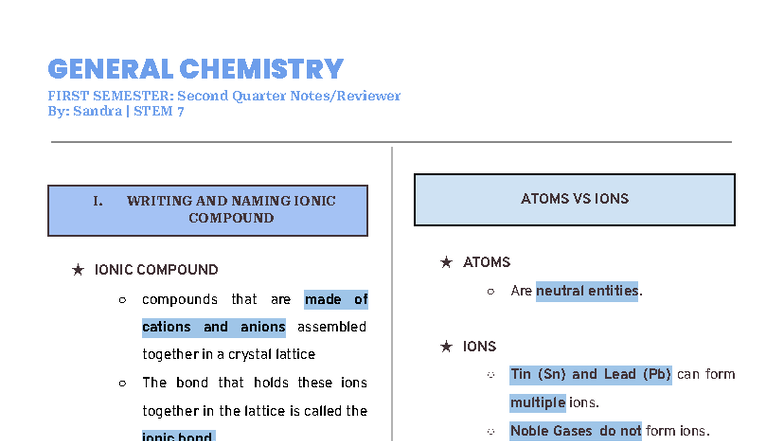 GENERAL CHEMISTRY FIRST SEMESTER: Second Quarter - Ionic Compounds and ...