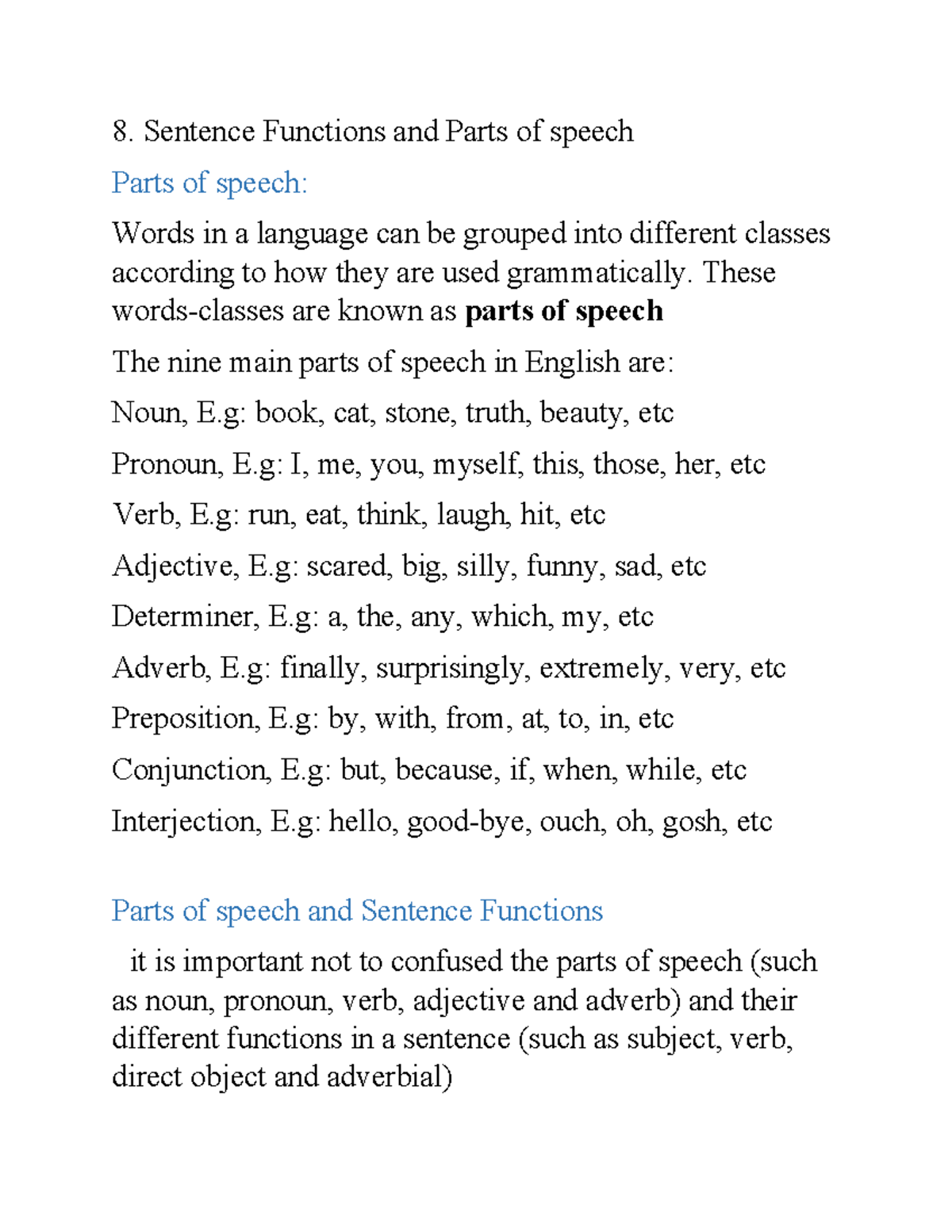 8and9 grammar - Parts of sentence - Sentence Functions and Parts of ...
