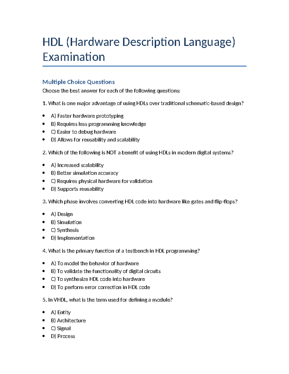 HDL (Hardware Description Language) Exam MCQs - Choose the Best Answers ...