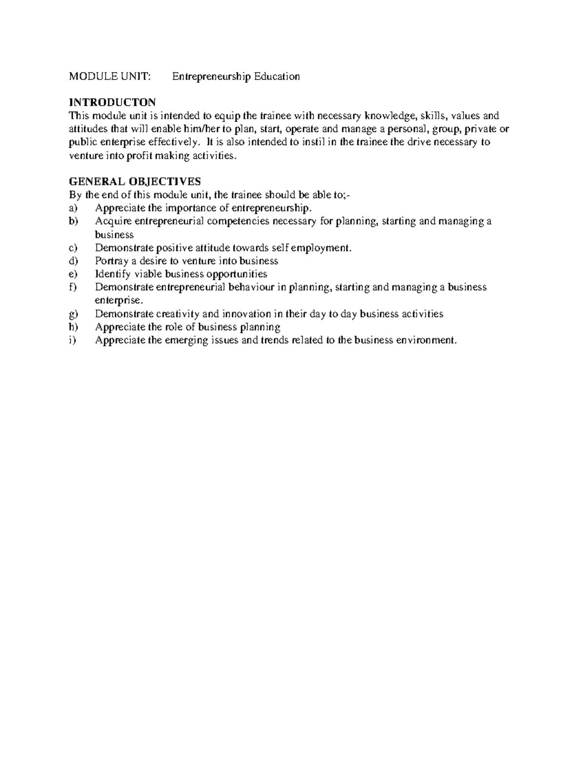 Entrepreneurship Education: Module Unit Overview and Objectives - Studocu