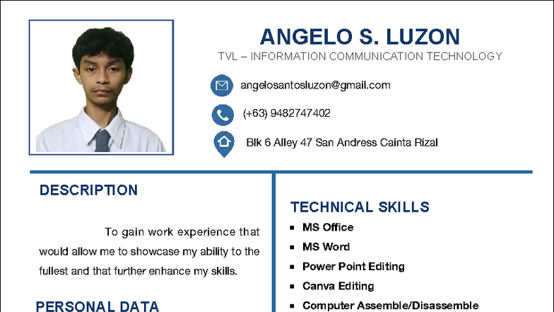CV of Angelo S. Luzon for ICT 9482747402 - Studocu